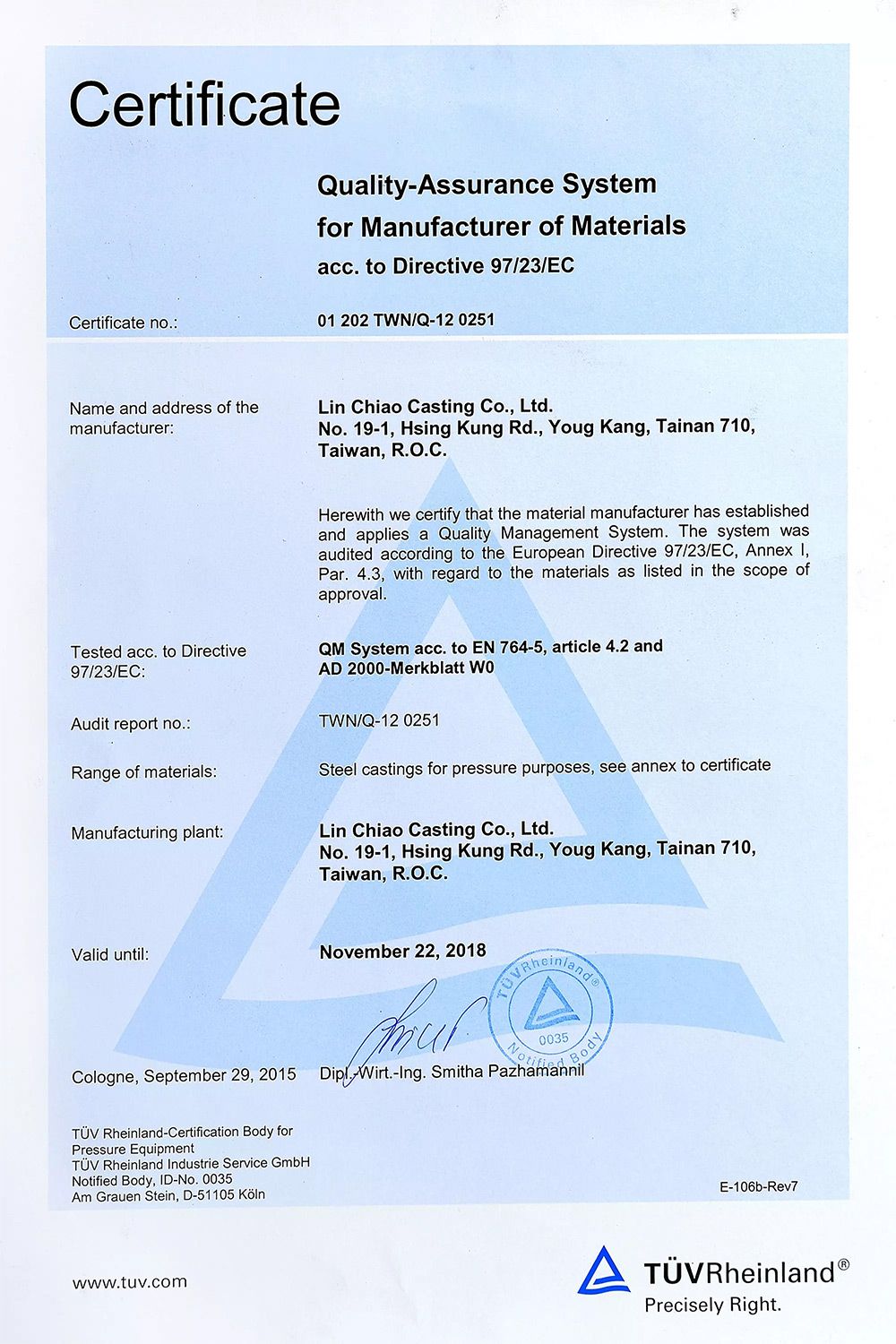 Certificate | LIN CHIAO CASTING CO., LTD.